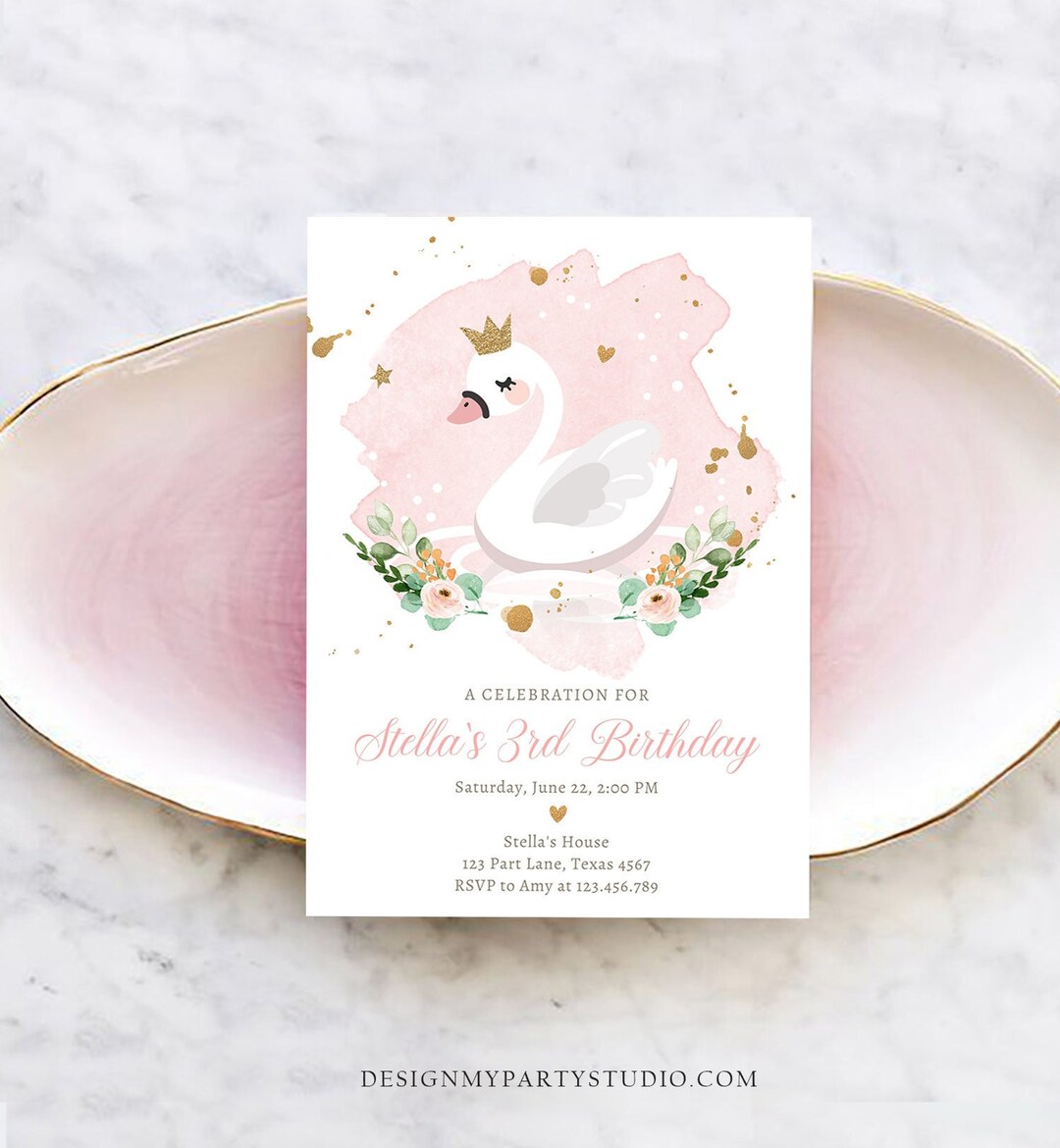 Editable Swan Birthday Invitation Girl Swan Princess Birthday Invite ...