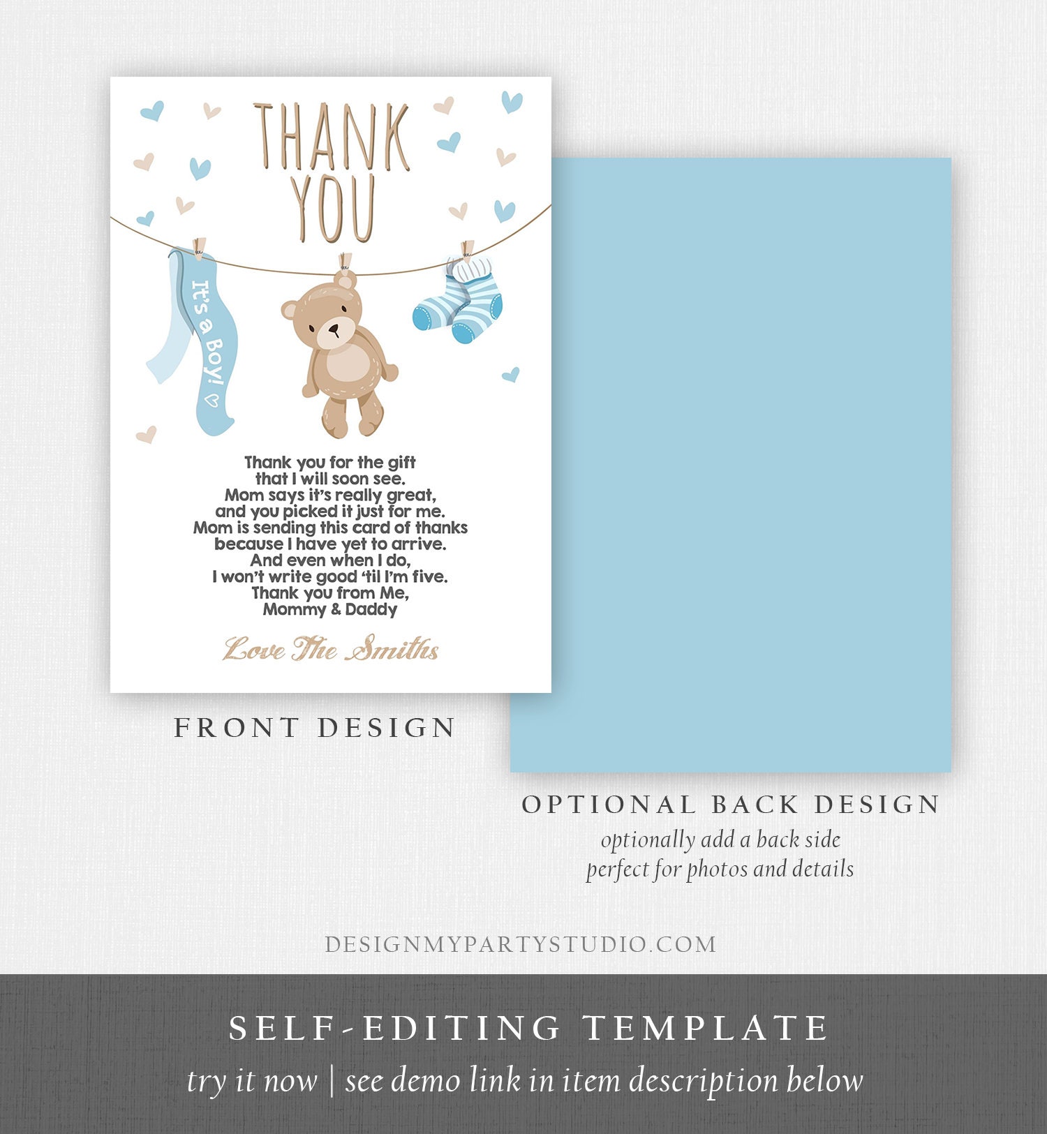 Editable Teddy Bear Thank You Card Baby Shower Thank You Note Boy Blue ...