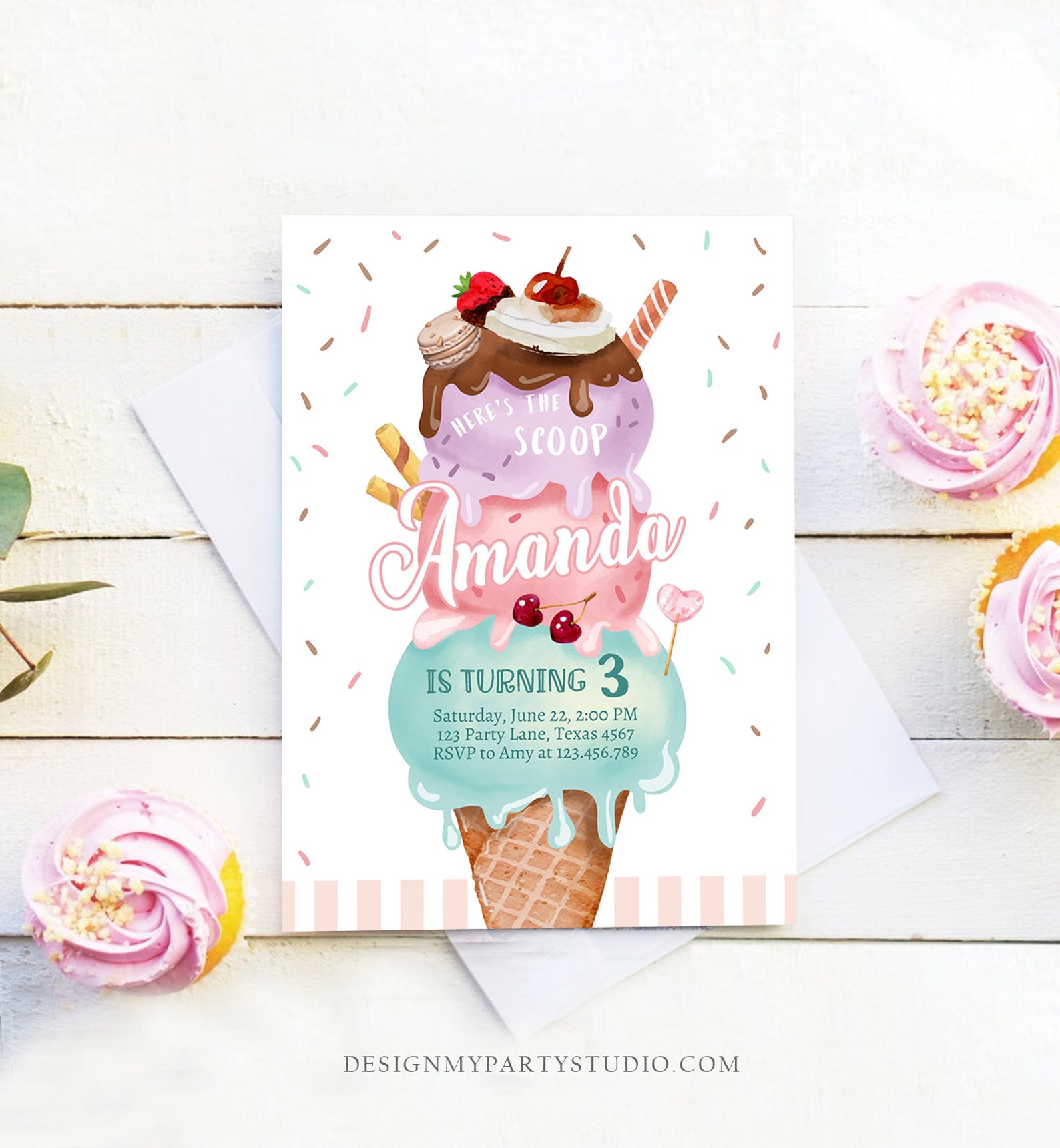 Editable Ice Cream Birthday Invitation Here's the Scoop Invite Cone ...