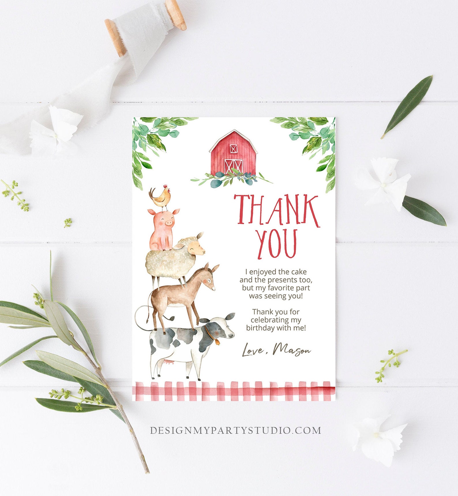 Editable Farm Animals Thank You Card Red Gingham Farm Birthday - Etsy