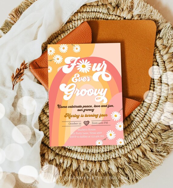 Editable Four Ever Groovy Birthday Invitation 4th Birthday Retro Floral ...