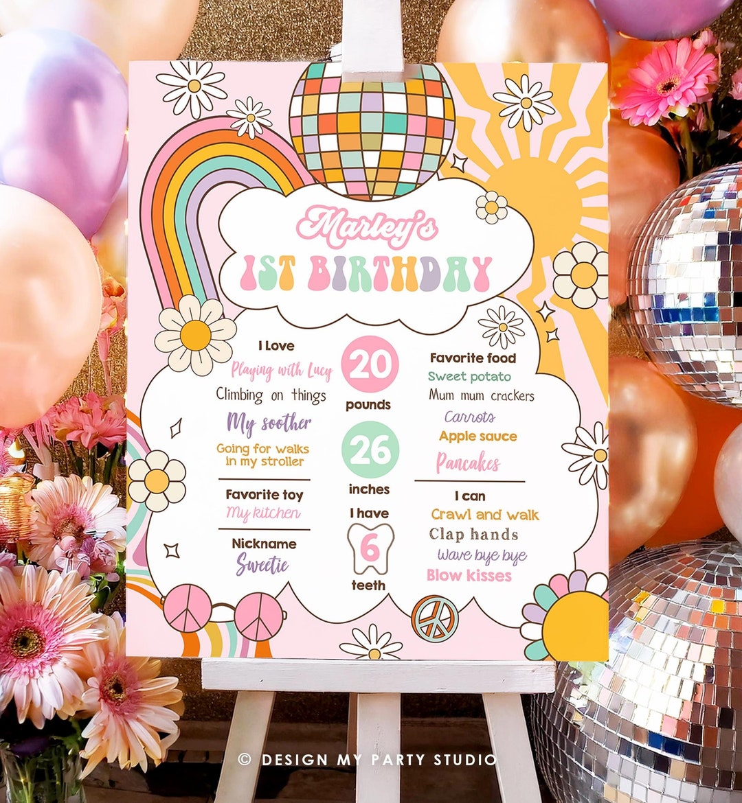 Editable Retro Groovy Birthday Milestones Sign Girl 1st First Hippie ...
