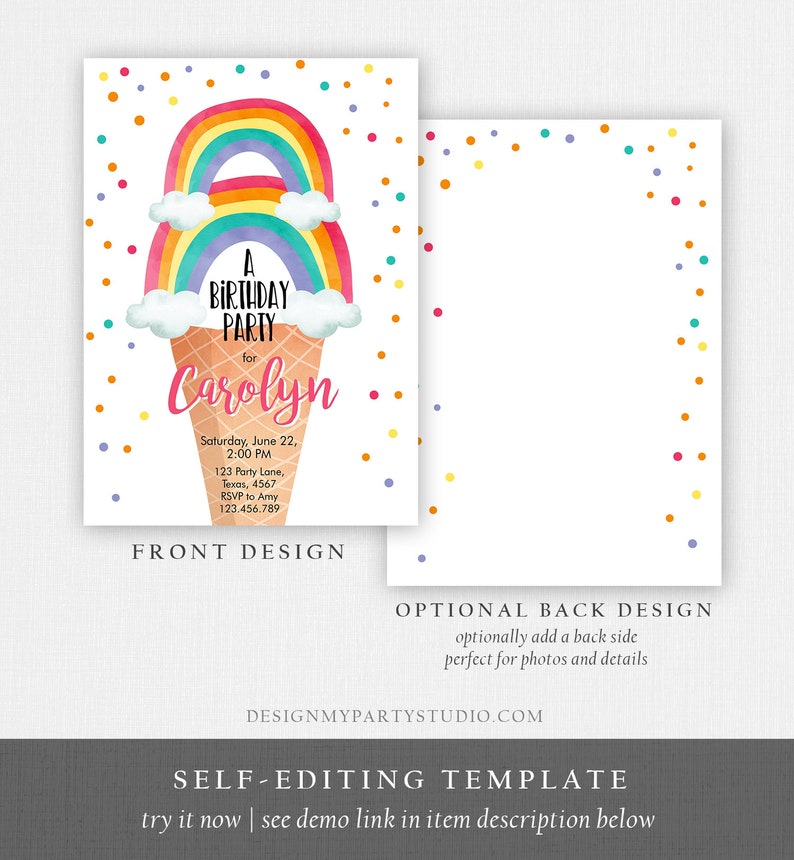 Editable Rainbow Ice Cream Birthday Invitation First Birthday - Etsy