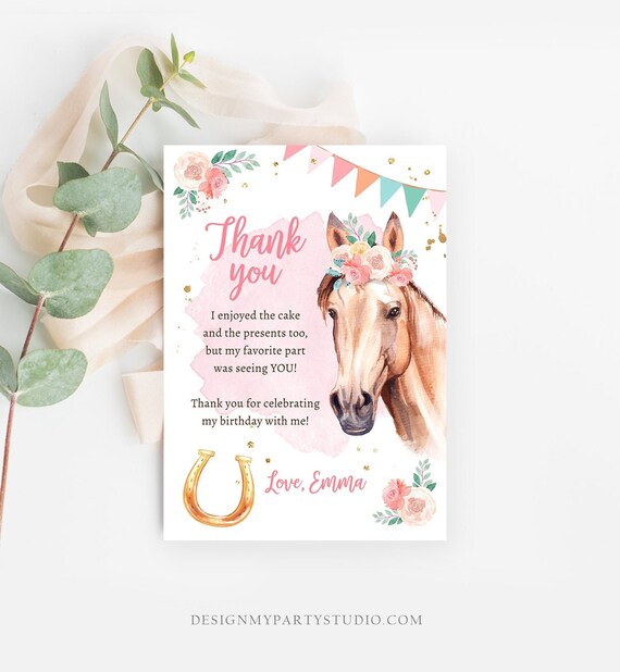 Editable Horse Thank You Card Note Girl Birthday Party Cowgirl ...