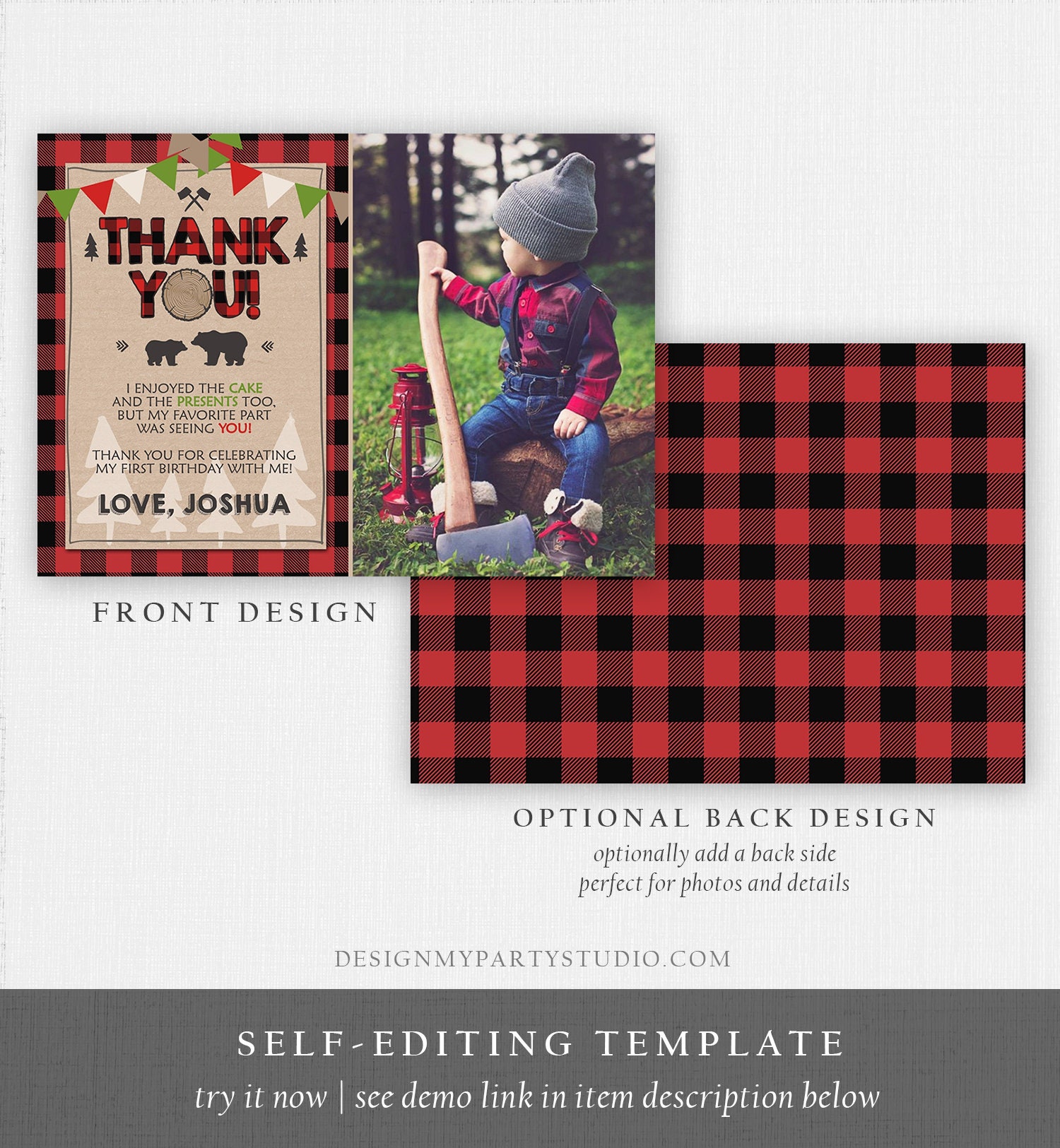 Editable Lumberjack Thank You Card Birthday Rustic Woodland - Etsy