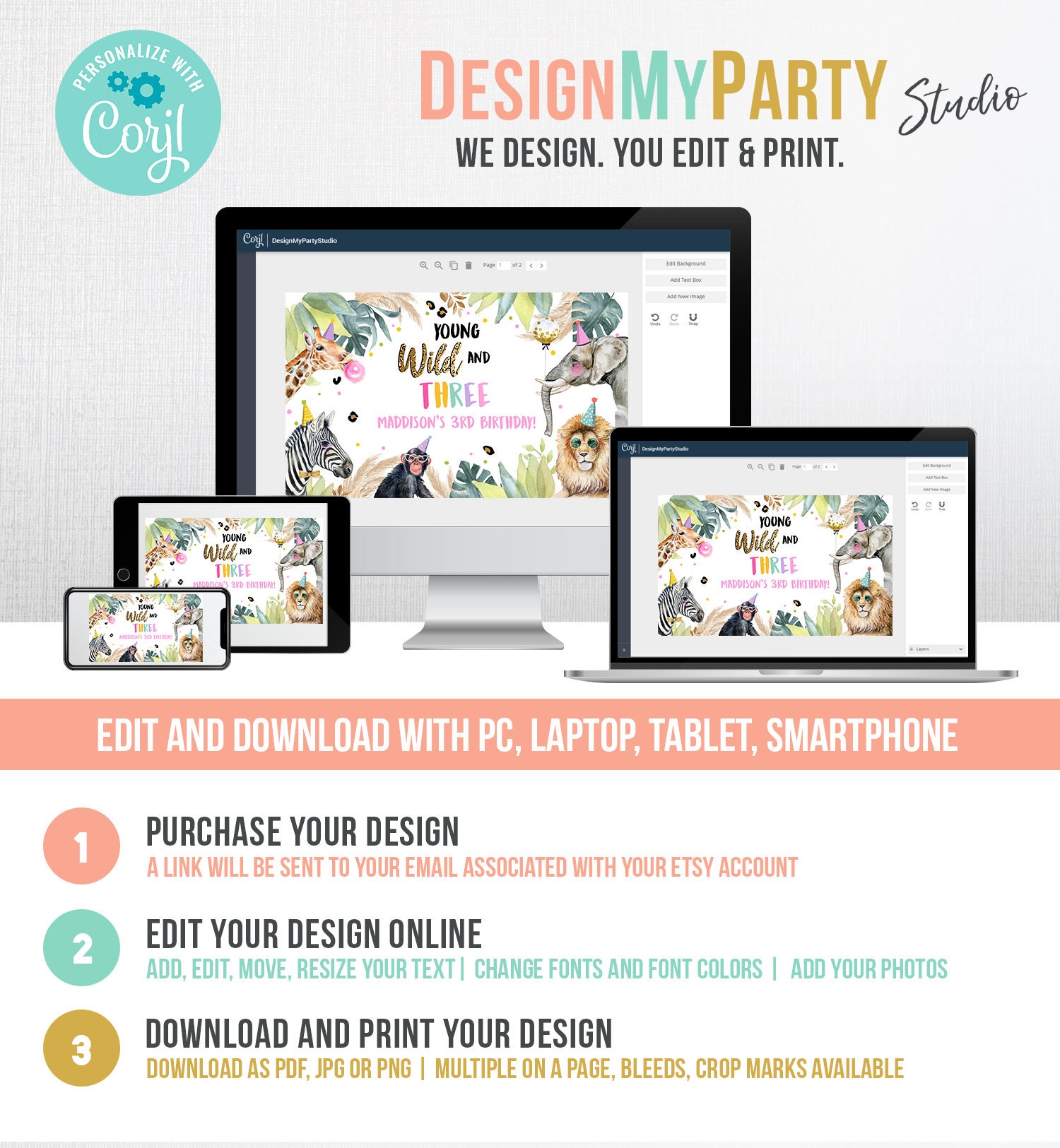 Editable Party Animals Young Wild and Three Backdrop Banner - Etsy