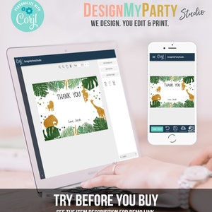 Editable Safari Animals Thank You Card Boy Birthday Baby Shower Party ...