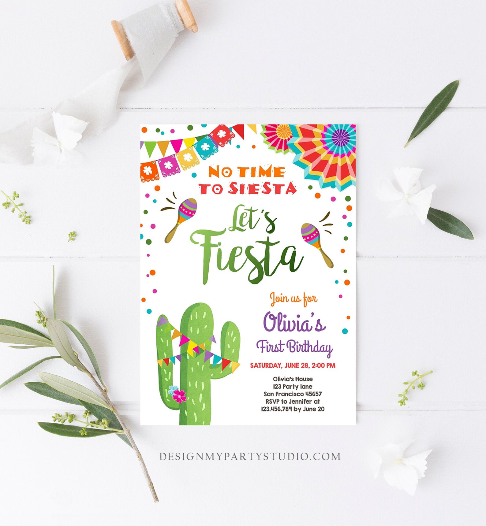 Editable Let's Fiesta Birthday Invitation No Time to Siesta Girl Cactus ...