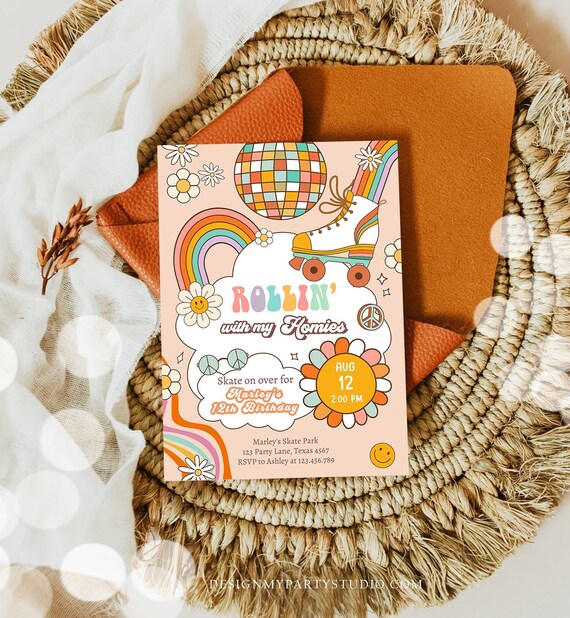 Editable Retro Roller Skate Birthday Party Invitation Rollin' With My ...