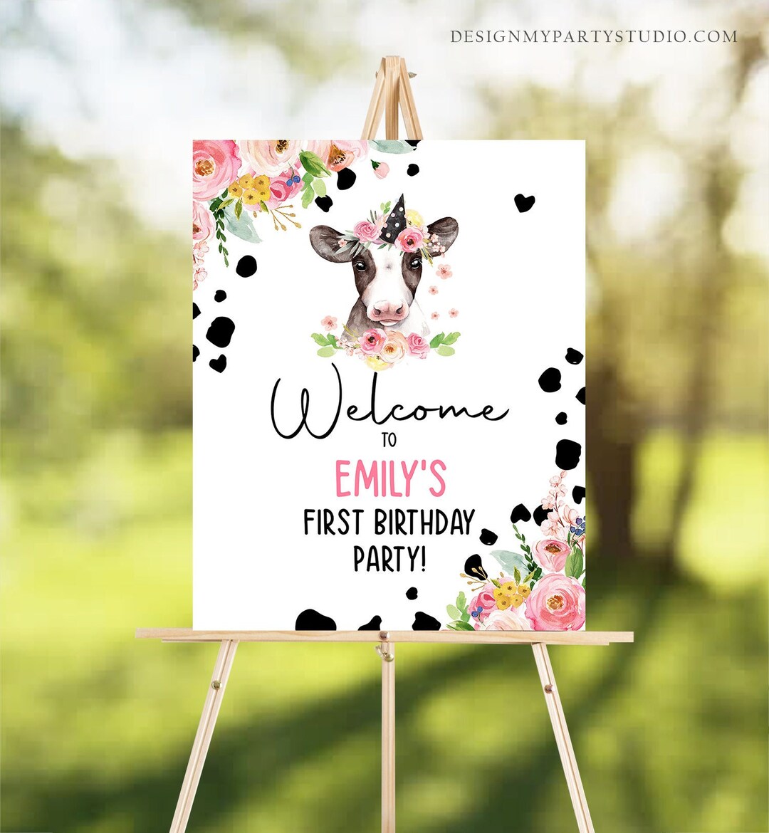 Editable Cow Birthday Welcome Sign Barnyard Birthday Welcome Sign Pink ...