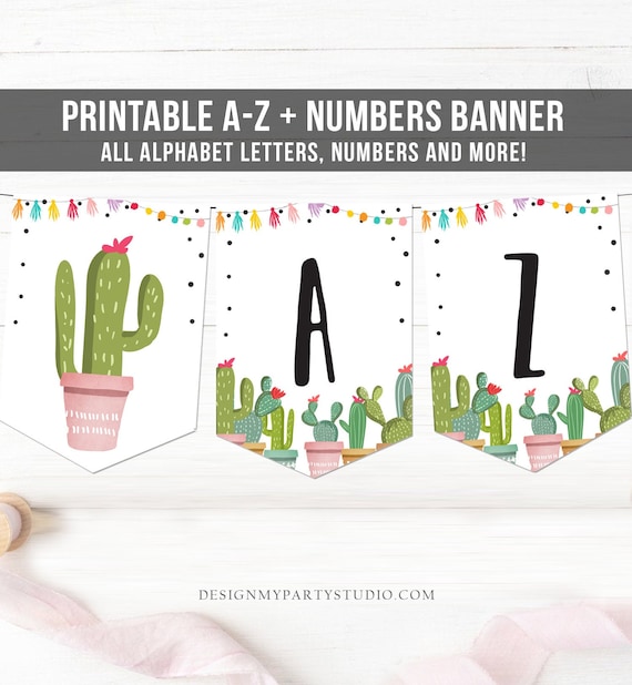 Fiesta Cactus Banner A-Z Alphabet Numbers Banner Birthday Baby Shower ...