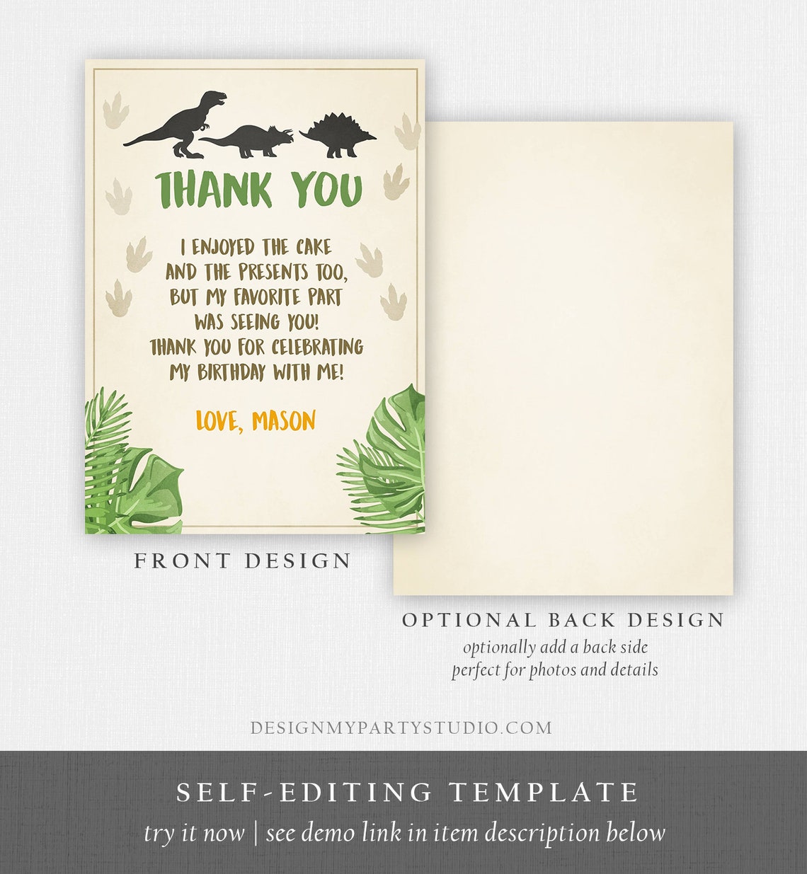 Editable Dinosaur Thank You Card Boy Prehistoric Dino Dig - Etsy