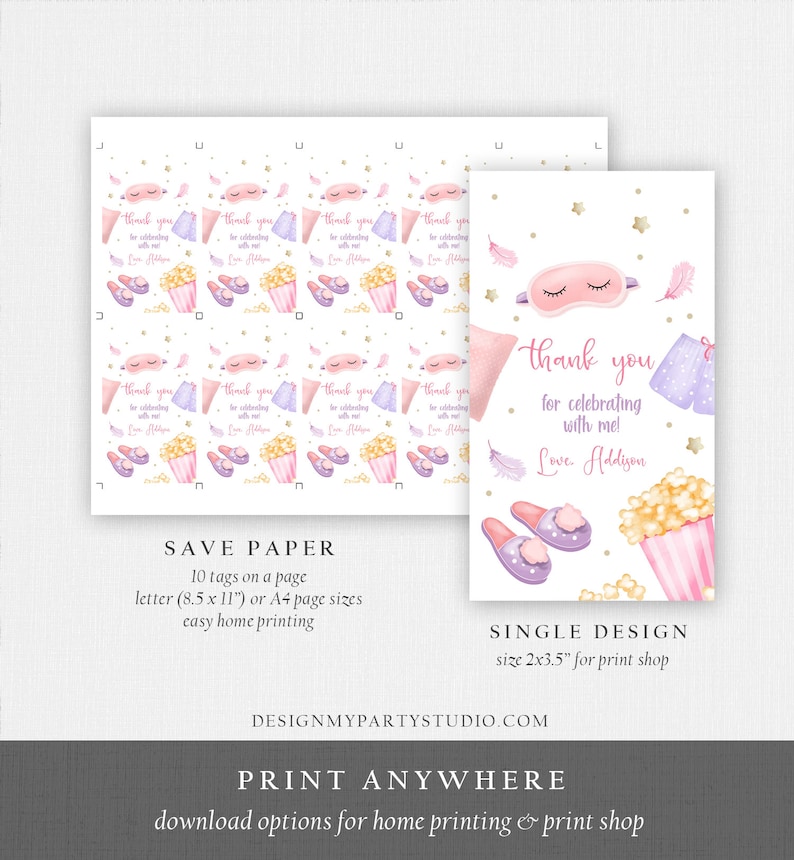 Editable Slumber Party Thank You Tag Sleepover Favor Tags Pink Girl ...