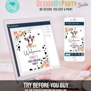 Editable Cow Birthday Welcome Sign Barnyard Birthday Welcome Sign Pink ...