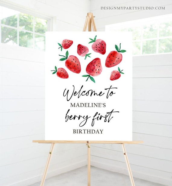 Editable Strawberry Welcome Sign Strawberry Birthday Party Welcome ...