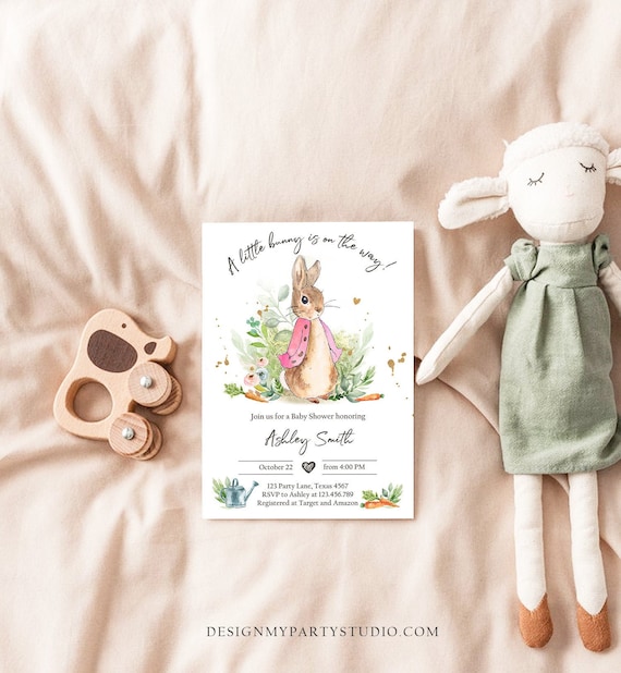 Editable Flopsy Bunny Baby Shower Invitation Girl Pink Rustic Peter ...