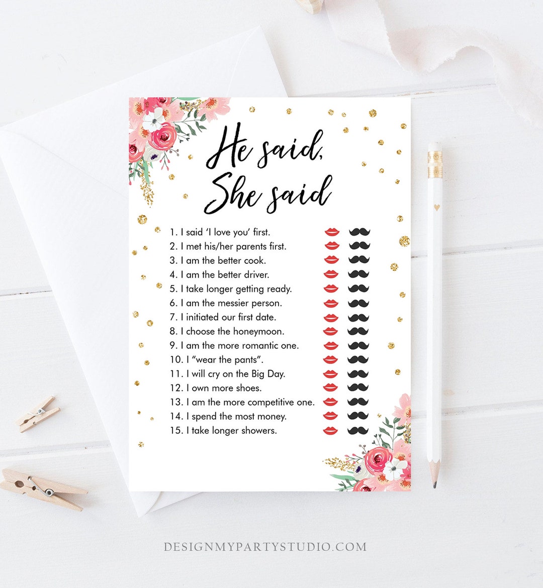 Editable He Said She Said Bridal Shower Game Floral Bride or - Etsy