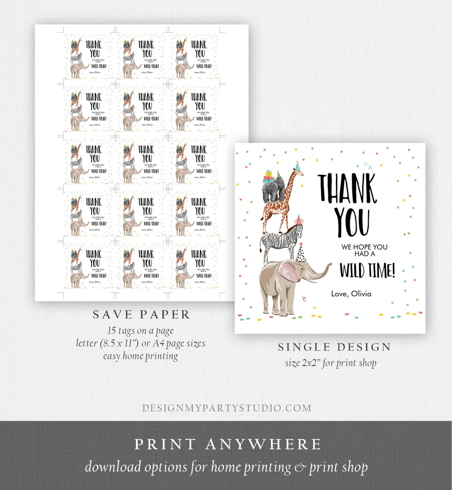Editable Party Animals Favor Tag Wild One Animals Thank You Tag Safari ...