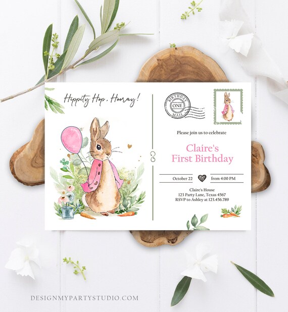 Editable Flopsy Bunny Birthday Invitation Gril Pink Rustic Peter Rabbit ...