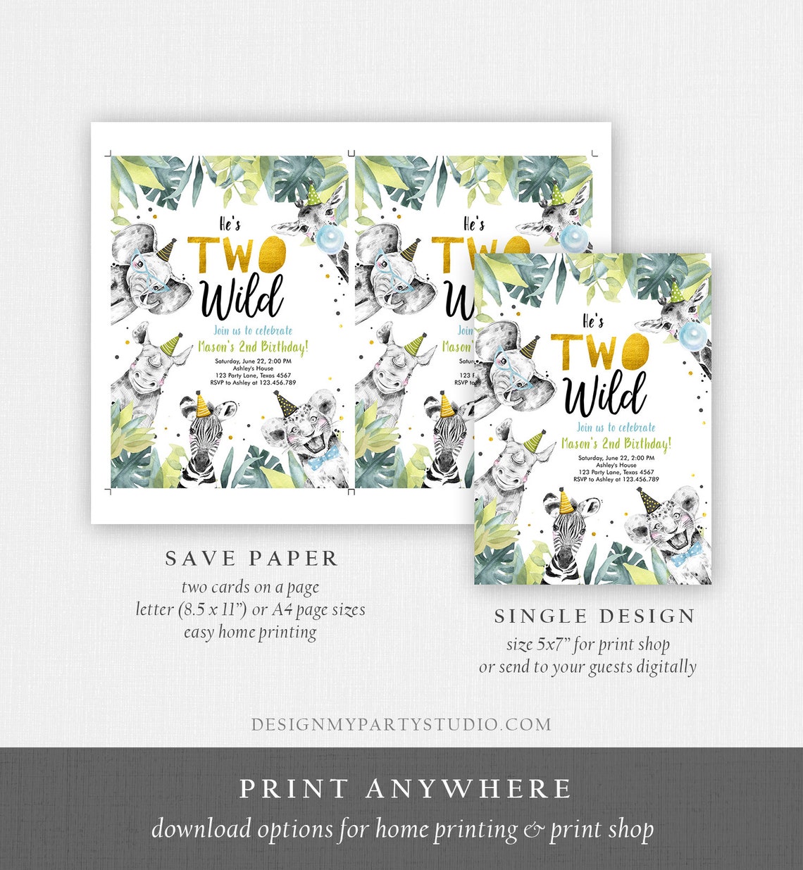 Editable Two Wild Birthday Invitation Safari Party Animals Boy | Etsy