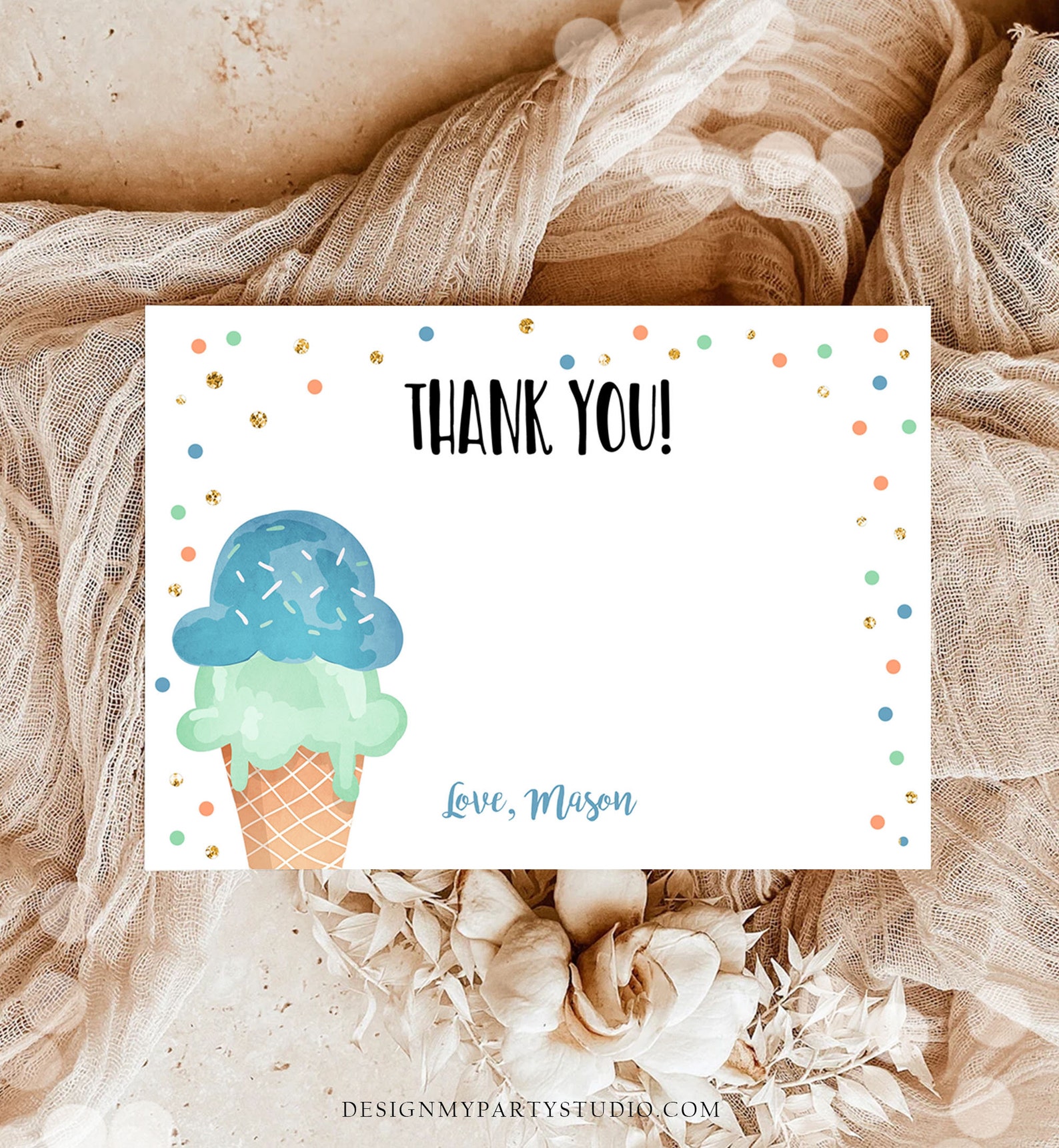 Editable Ice Cream Thank You Card Ice Cream Birthday Thank You Note Boy ...