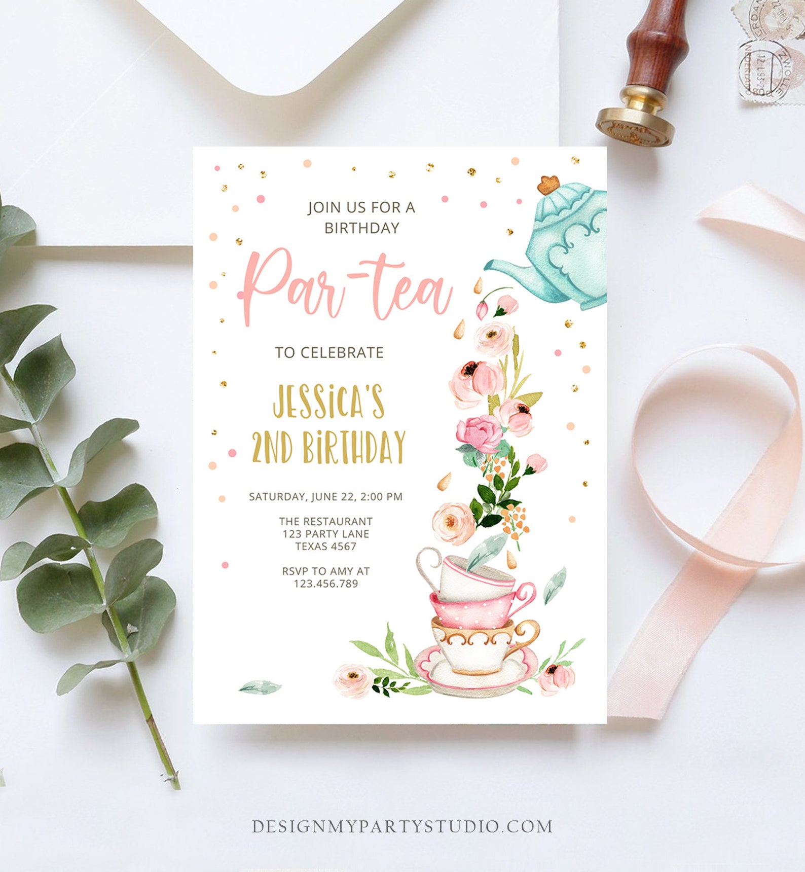 Editable Tea Birthday Invitation Girl Par-tea Invite Virtual - Etsy