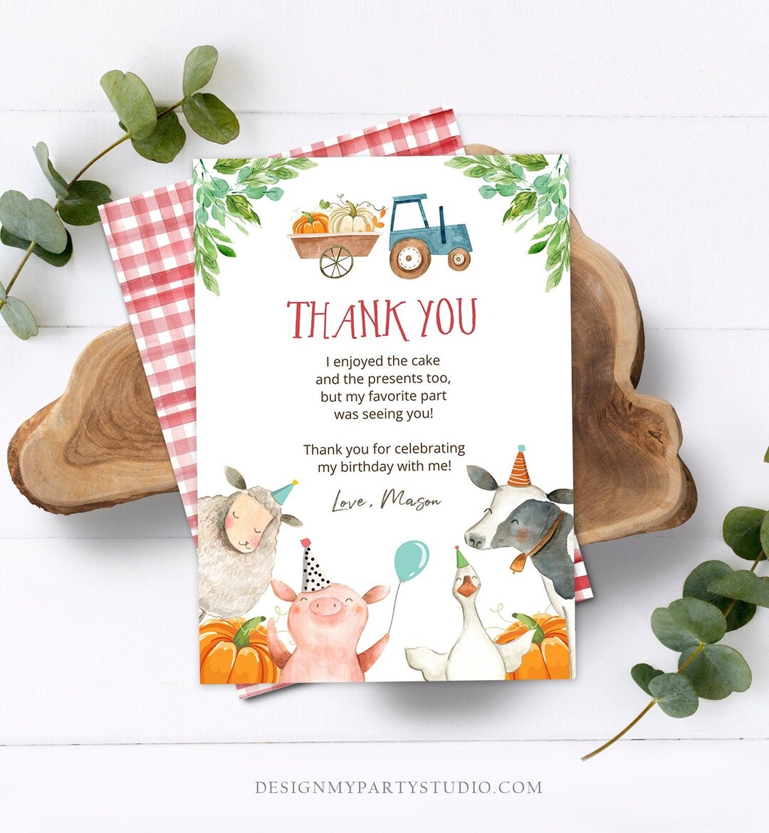 Editable Farm Animals Thank You Card Pumpkin Boy Red Gingham Farm ...