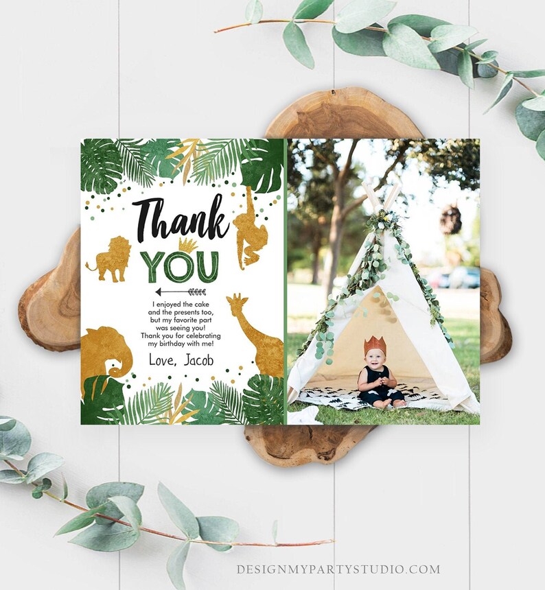 Editable Thank You Card Safari Animals Wild One Thank You Note Black ...