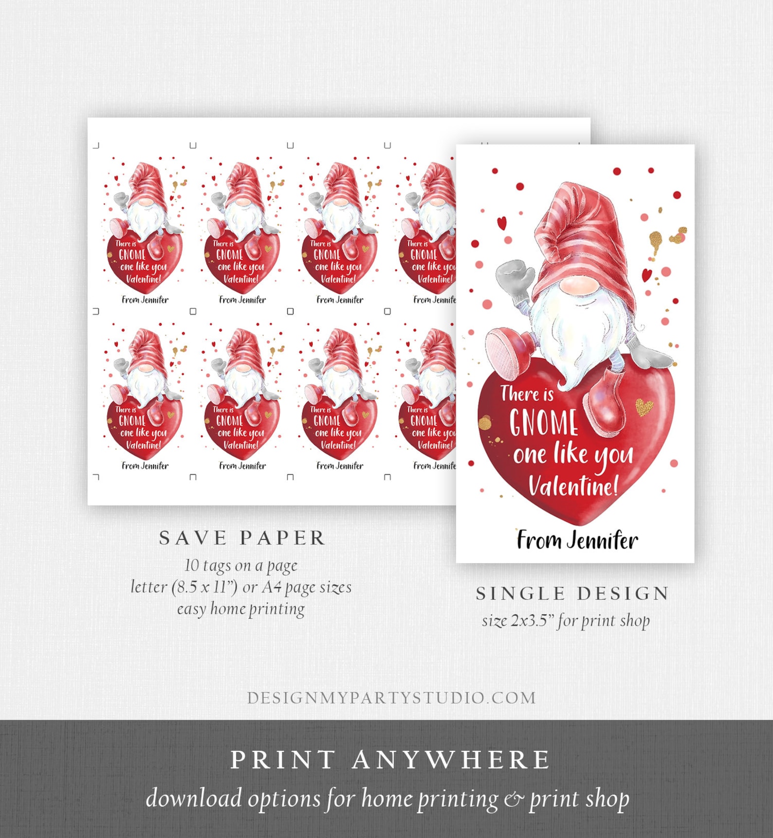 Editable Gnome Valentine Tag Valentine Cards for Kids School Valentine ...