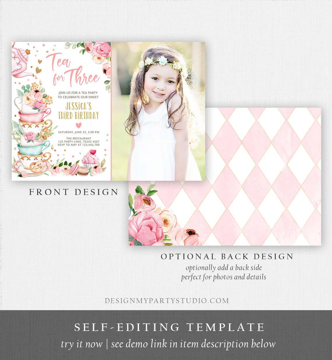 Editable Tea for Three Birthday Invitation Girl Third 3rd Birthday Tea ...
