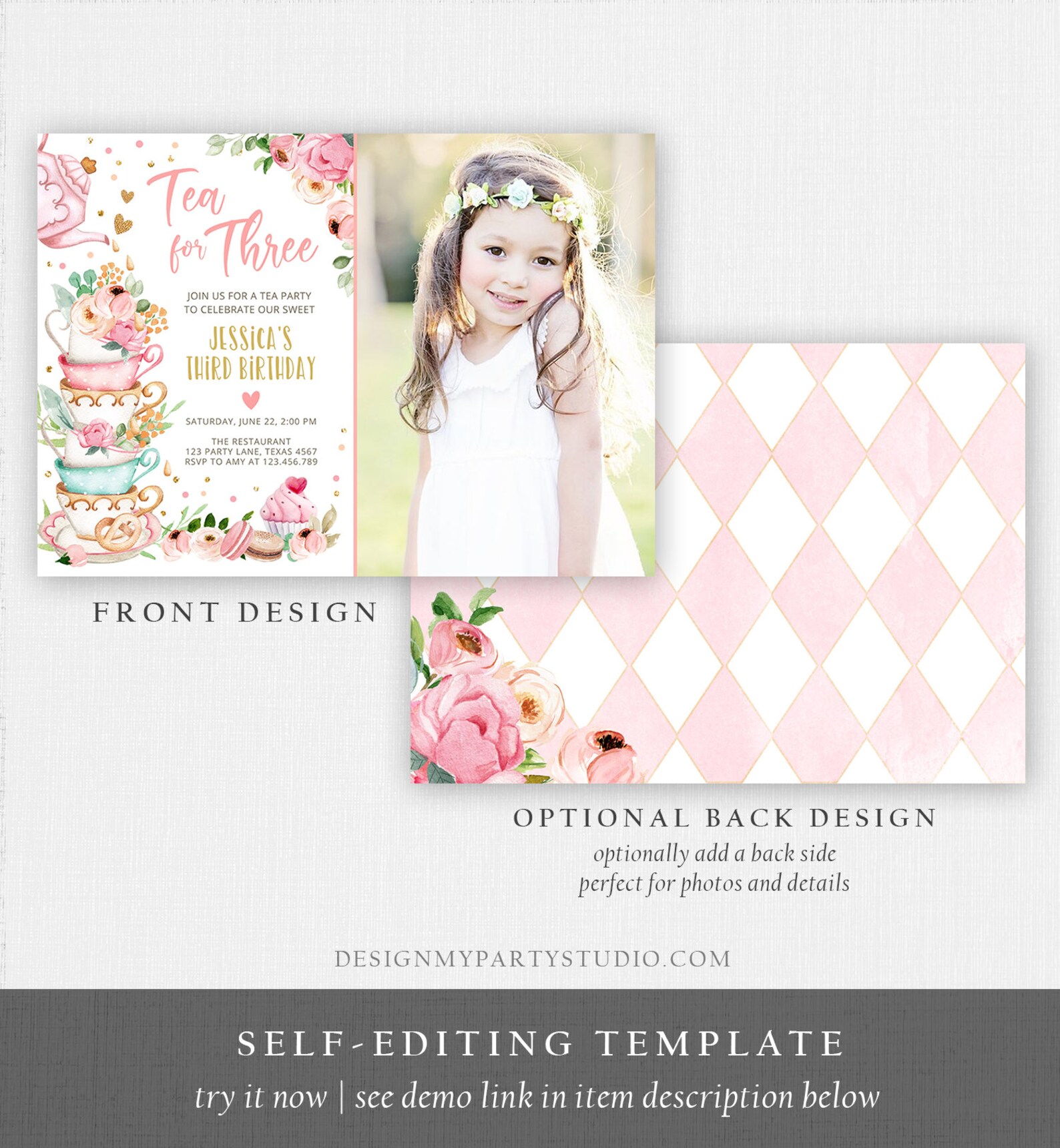 Editable Tea for Three Birthday Invitation Girl Third 3rd Birthday Tea ...