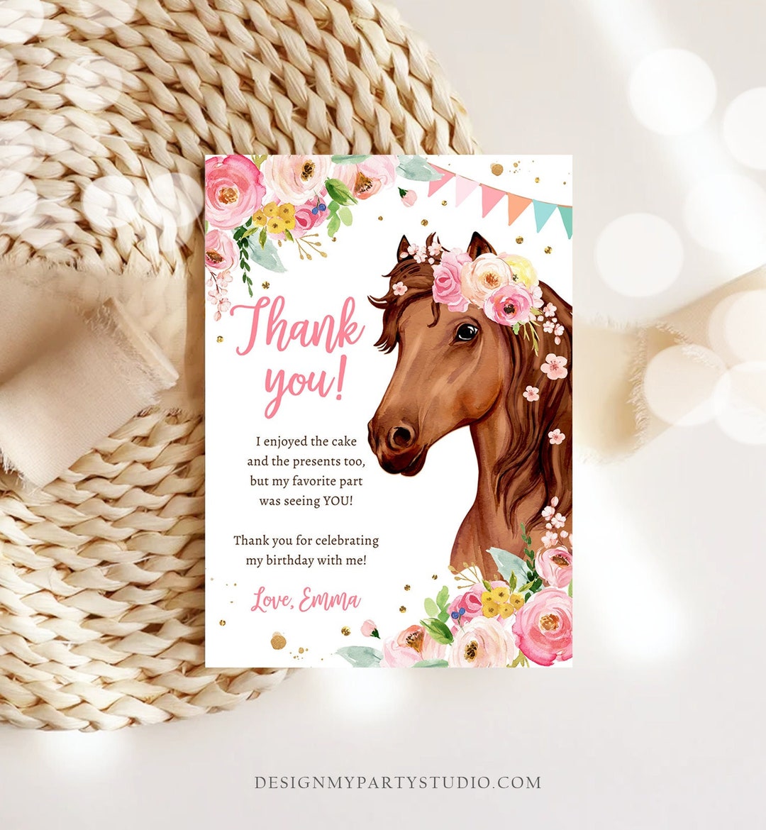 Editable Horse Thank You Card Note Girl Birthday Party Cowgirl ...