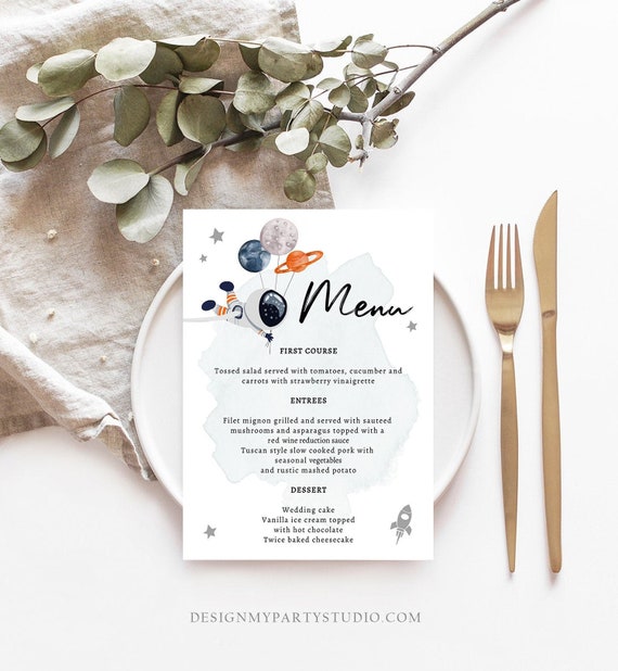 Editable Outer Space Menu Card Space Birthday Galaxy First Trip Around ...
