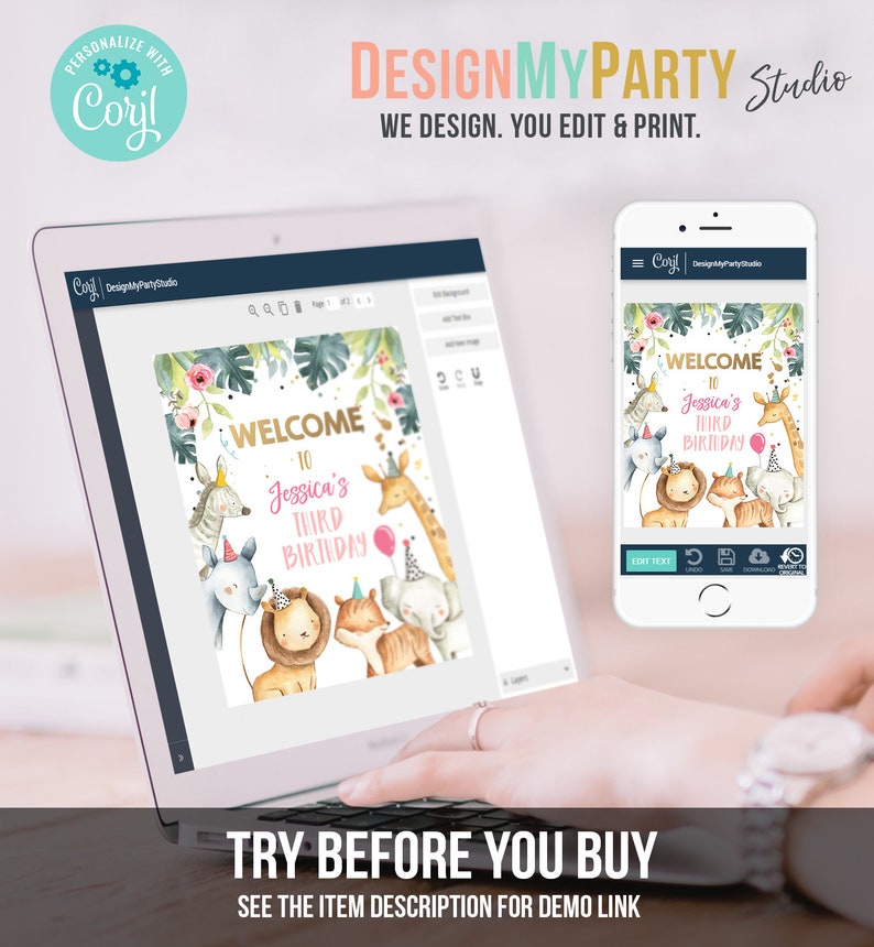 Editable Safari Animals Welcome Sign Party Animals Sign Zoo Safari Pink ...