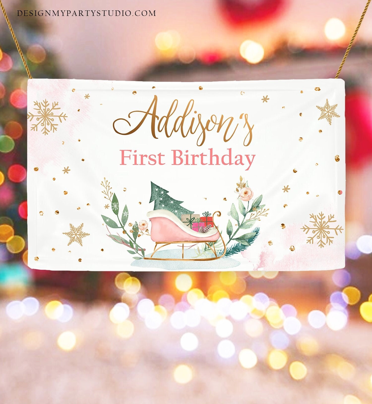 Editable Winter Birthday Backdrop Banner Pink Gold Winter - Etsy