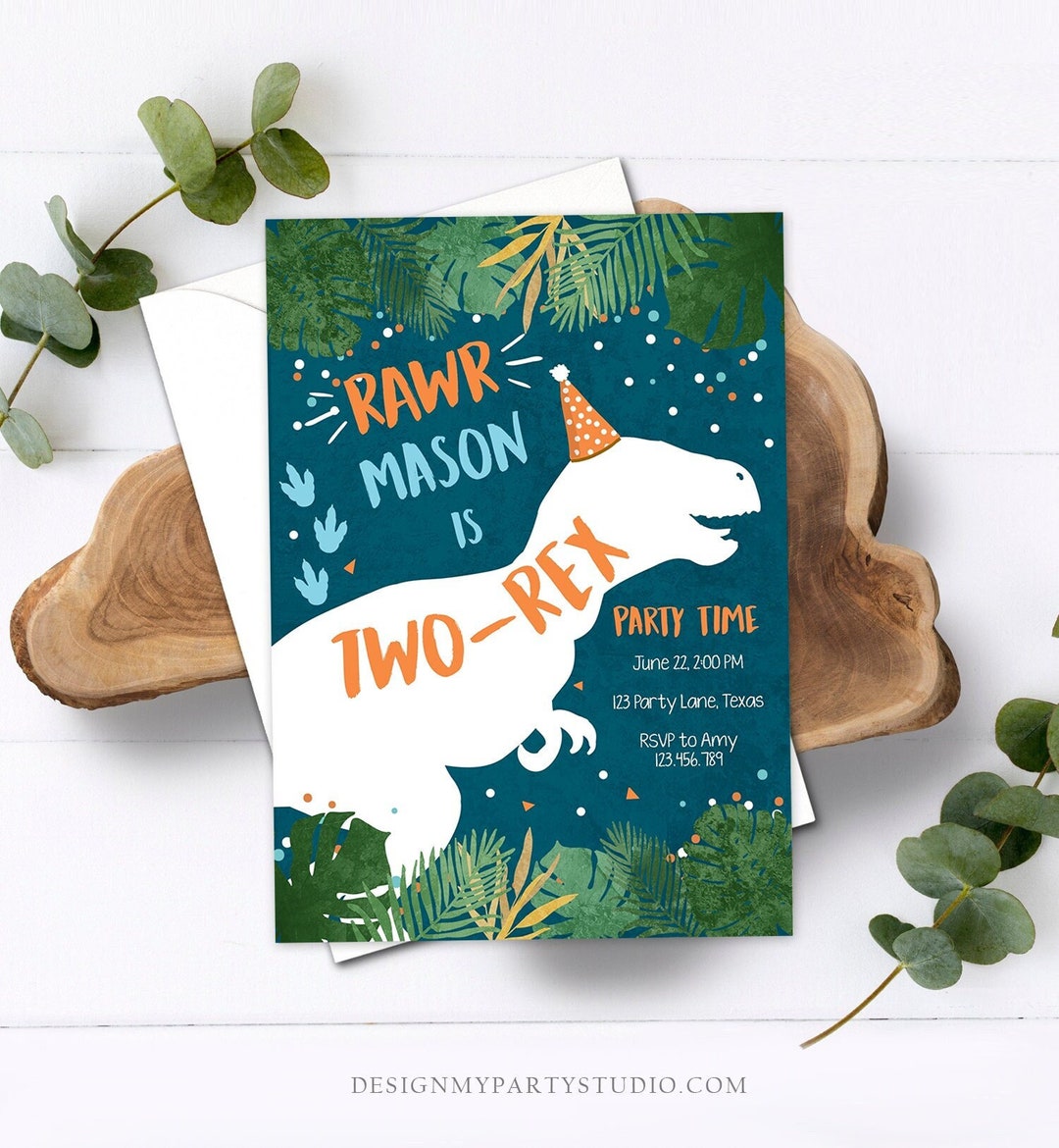 Editable Two-rex Dinosaur Birthday Invitation Dino T-rex Boy Second ...