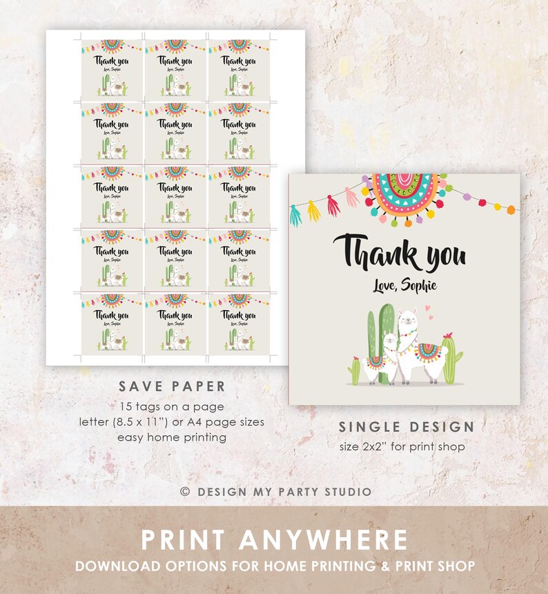 Editable Llama Thank You Favor Tags Baby Shower Stickers Fiesta Cactus ...