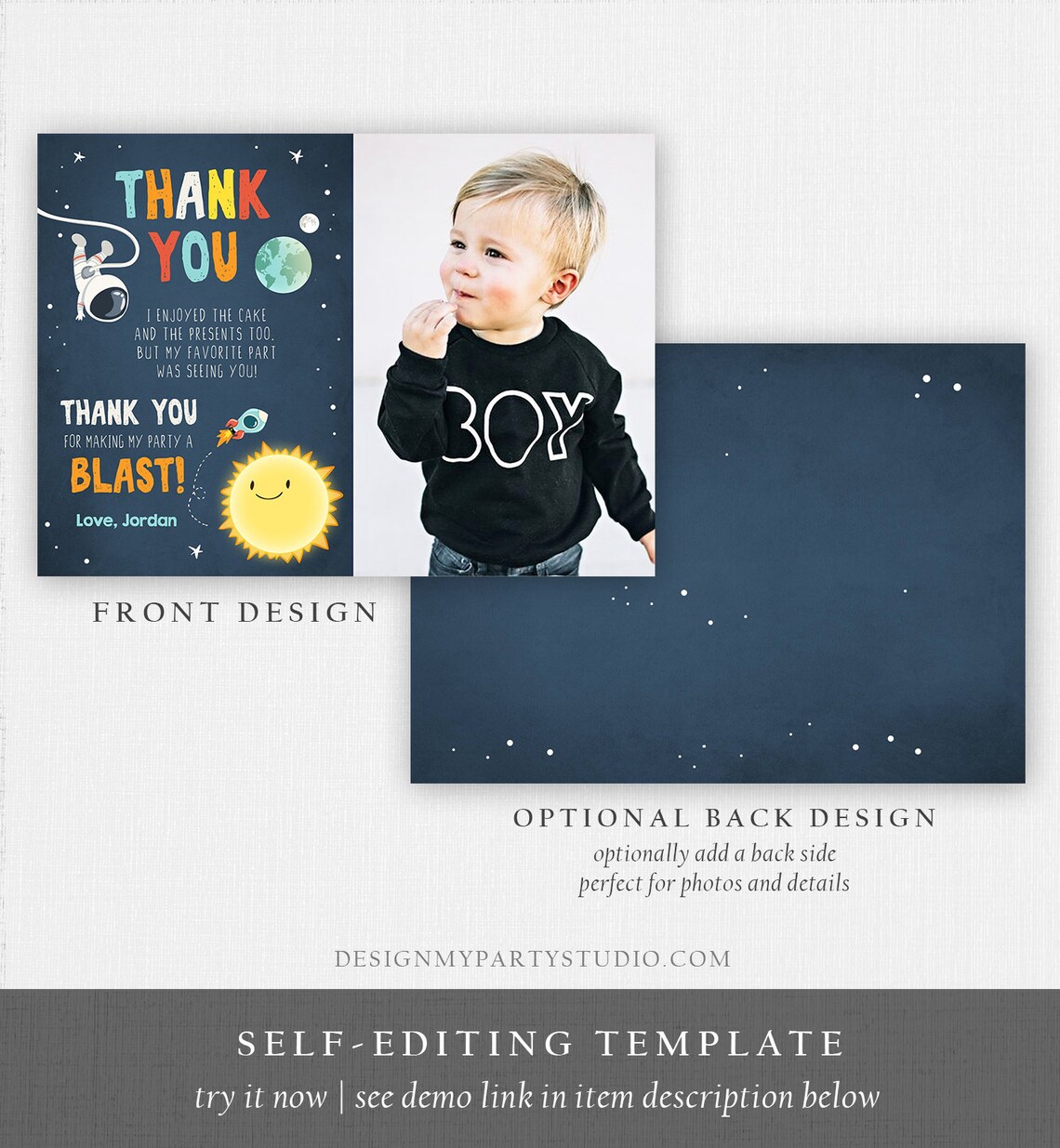 Editable Space Birthday Thank You Card Space Astronaut to the Moon ...