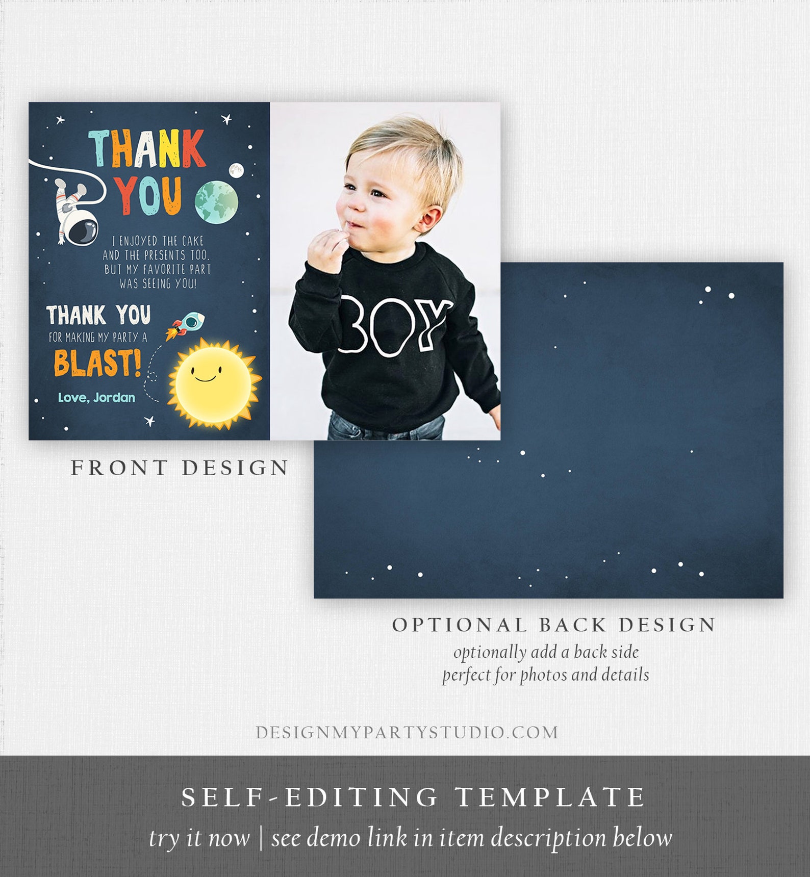 Editable Space Birthday Thank You Card Space Astronaut to the Moon ...