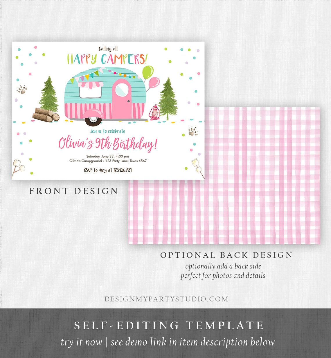 Editable Happy Camper Birthday Invitation Girl Pink Camping Party Pink ...