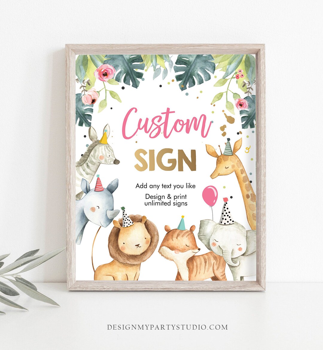 Editable Custom Sign Party Animals Sign Wild One Animals Decor Zoo ...