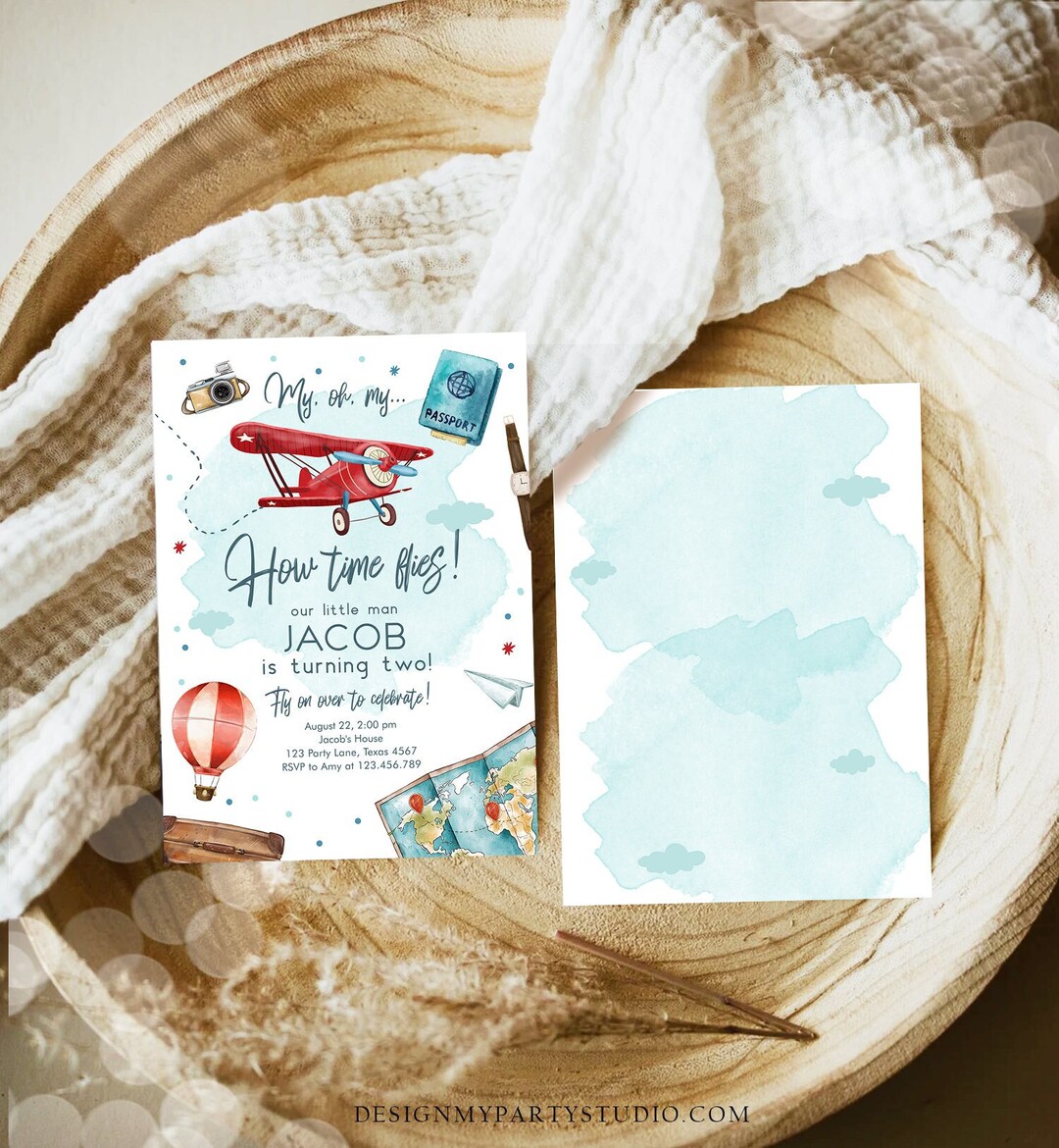 Editable Airplane Birthday Invitation Oh My Time Flies Red Airplane ...