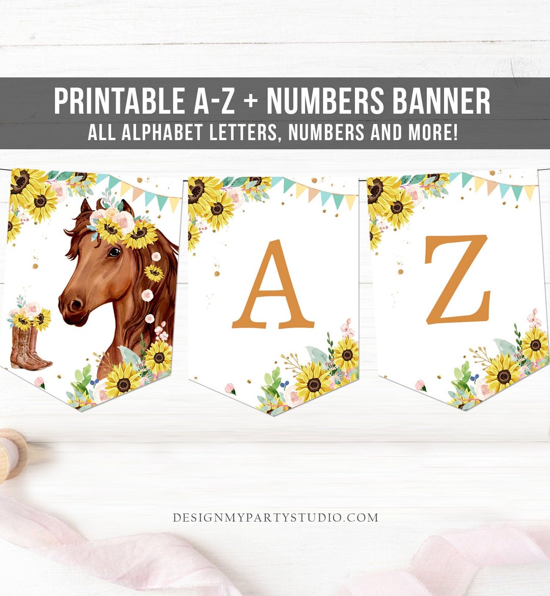 Horse Birthday Banner A-Z Alphabet Numbers Banner Sunflowers First ...