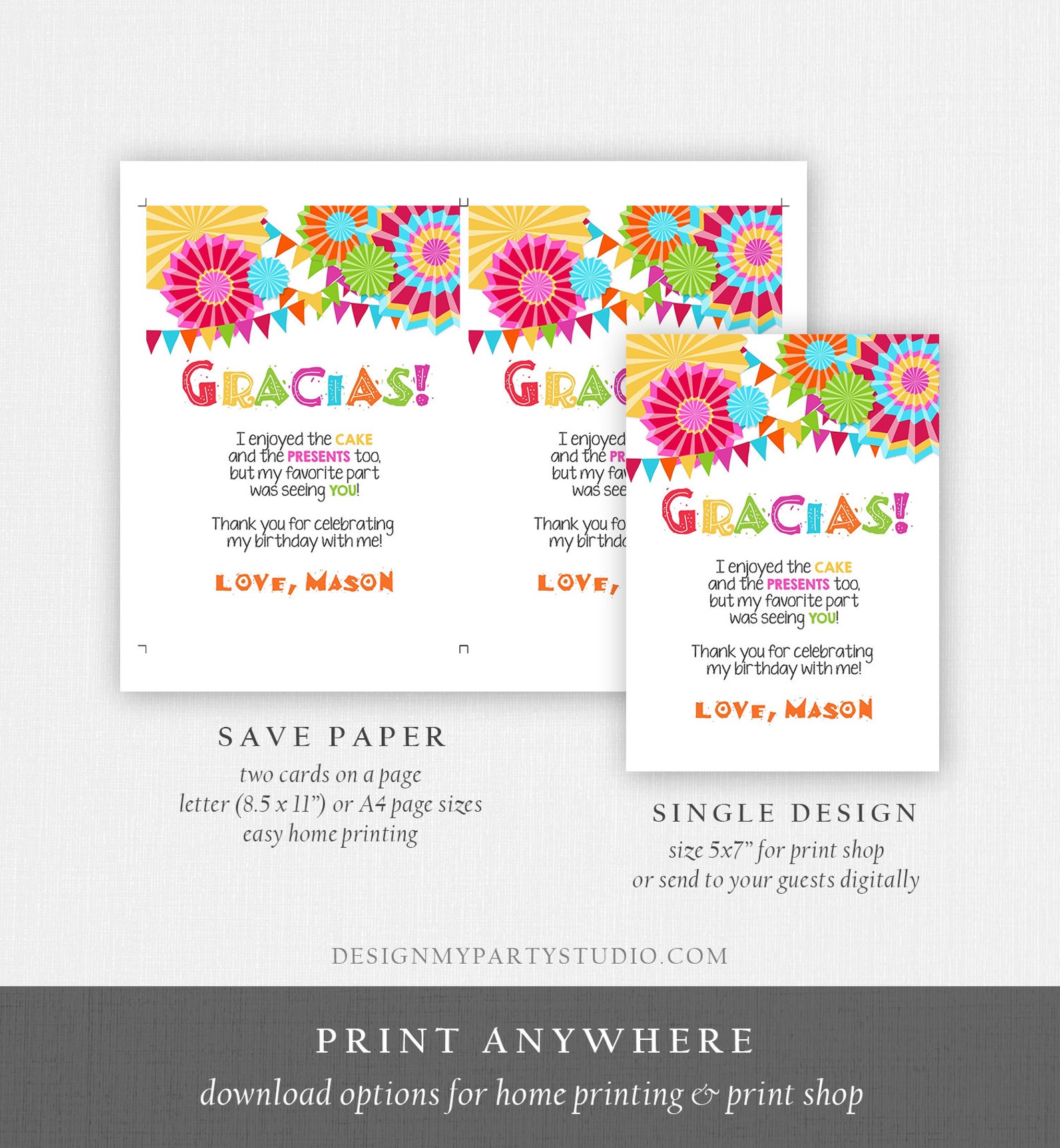 Editable Fiesta Gracias Thank You Card Mexican Birthday Party - Etsy