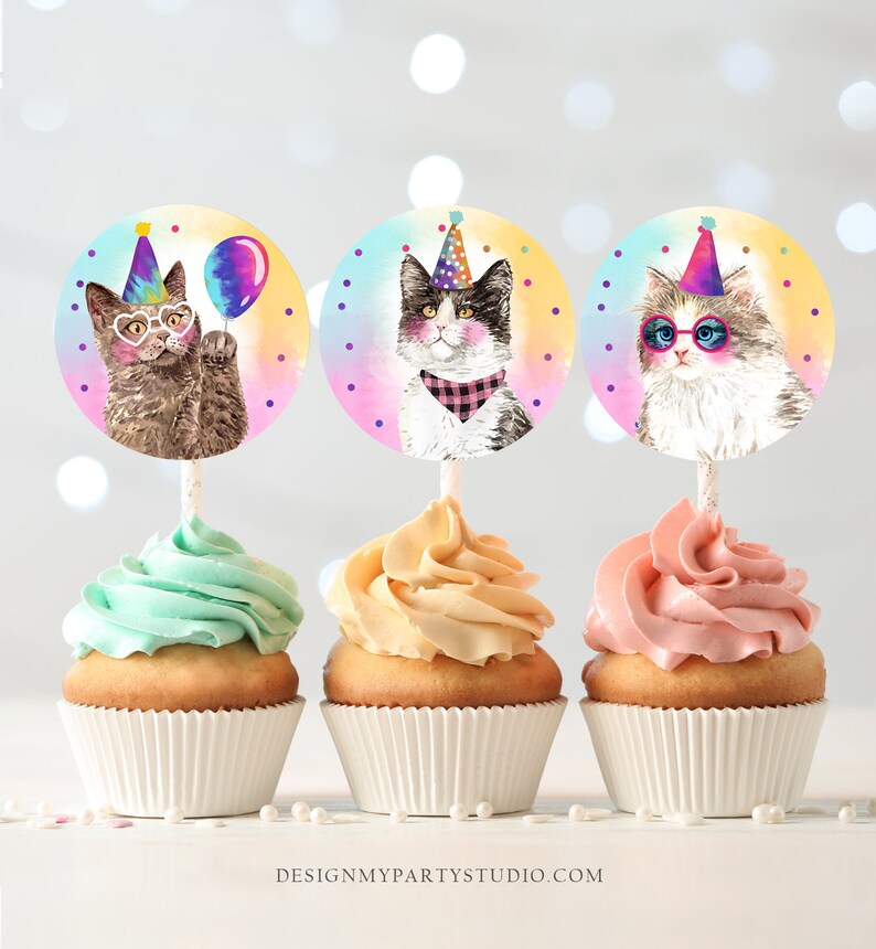 Cats Cupcake Toppers Cat Favor Tags Birthday Kitten Pink Girl Party ...