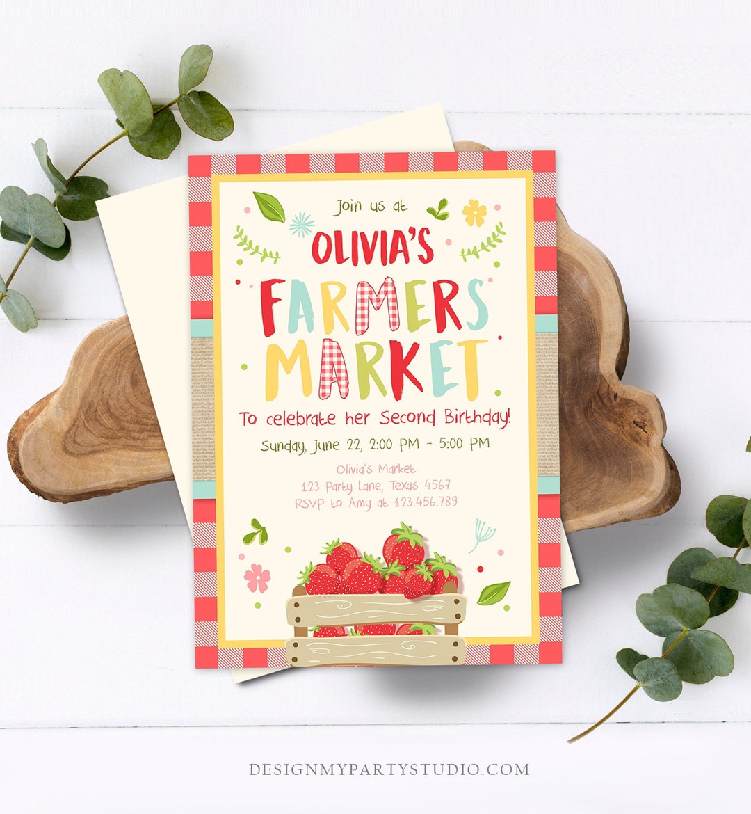 Editable Farmers Market Birthday Invitation Strawberry Home Grown ...