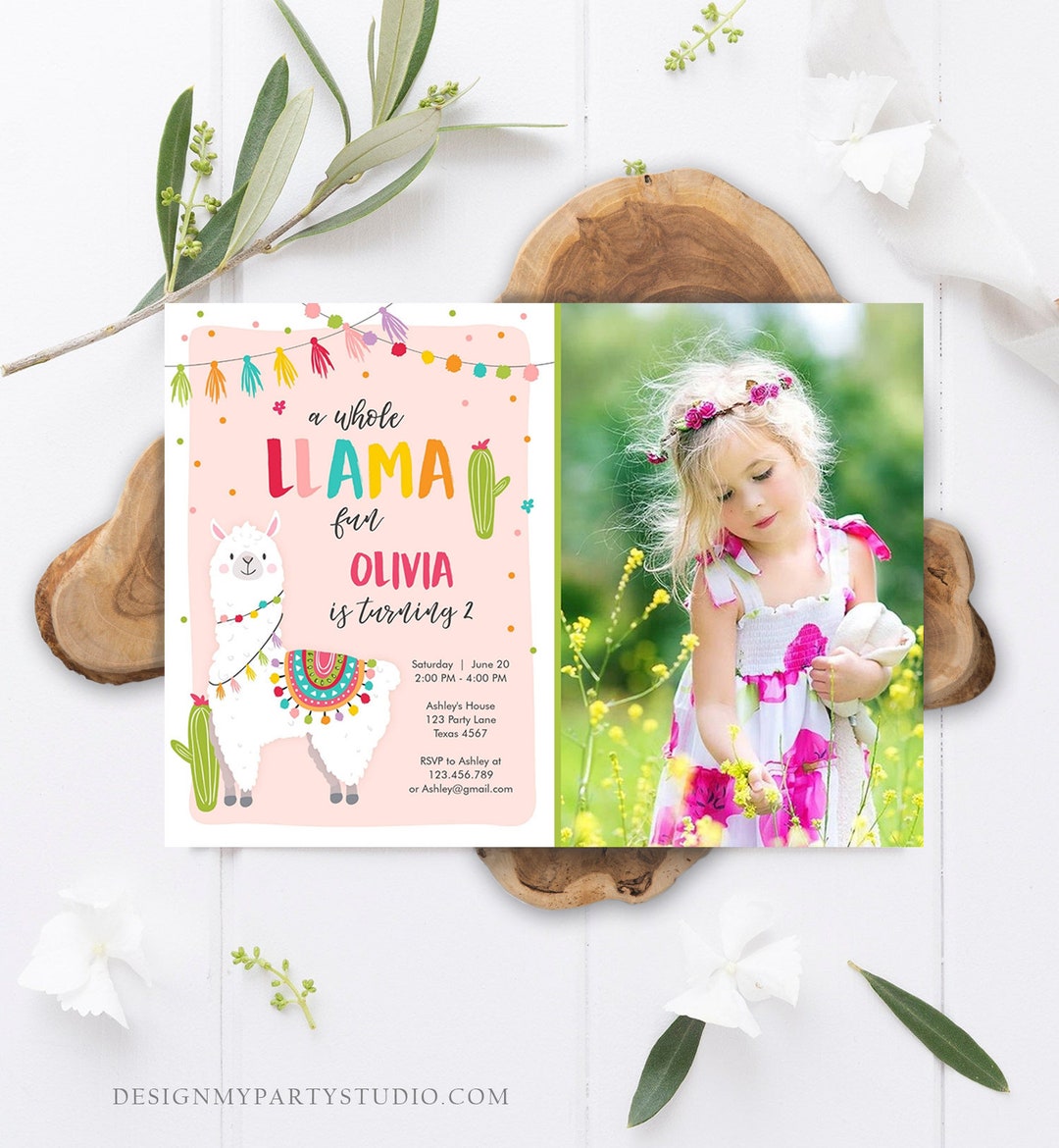 Editable Whole Llama Fun Birthday Invitation Fiesta Mexican Cactus ...