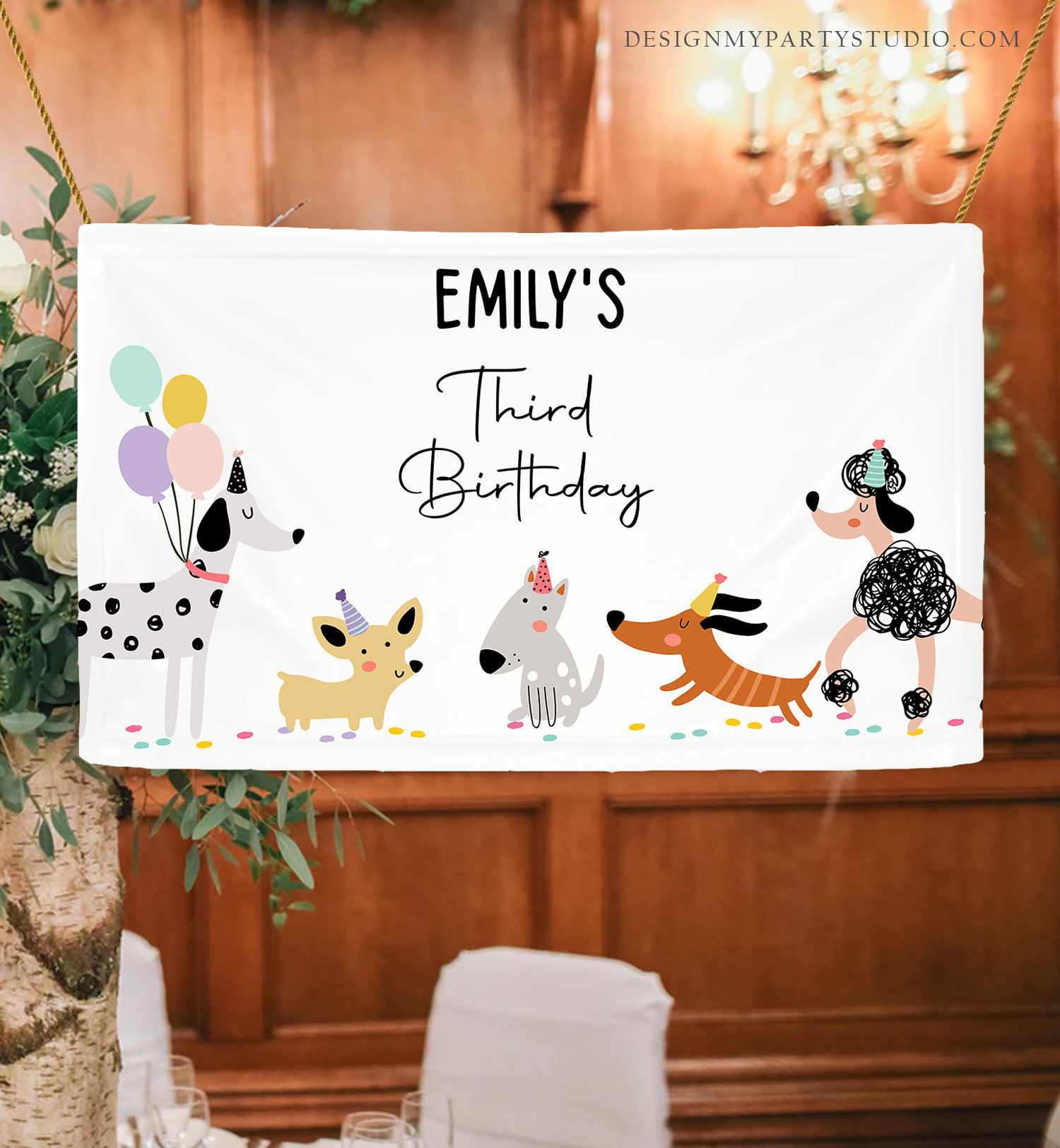 Editable Puppy Backdrop Banner Pink Dog Birthday Puppy Birthday ...