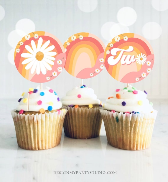 Two Groovy Birthday Cupcake Toppers Favor Tags Retro Daisy Birthday ...
