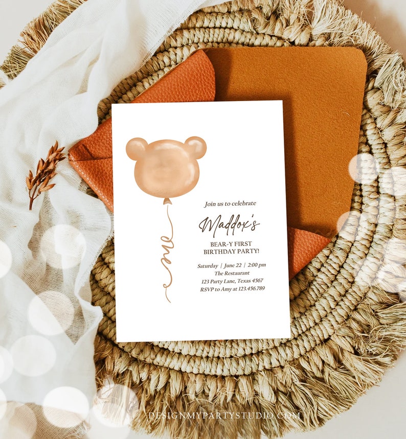Editable Bear Birthday Invitation Bear Balloon Modern Teddy - Etsy
